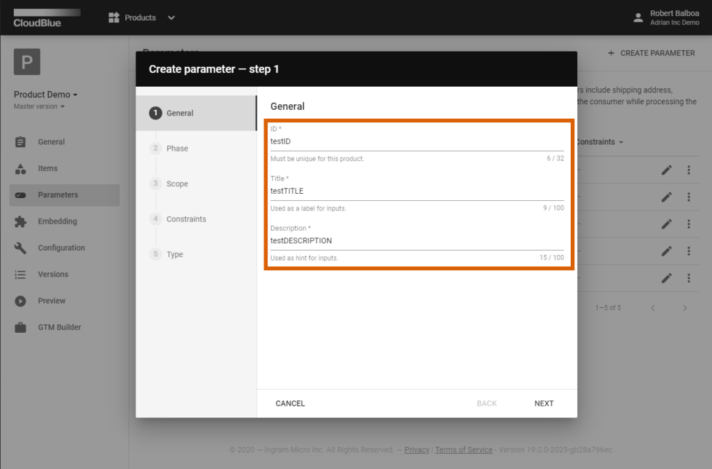 Parameters - CloudBlue Connect